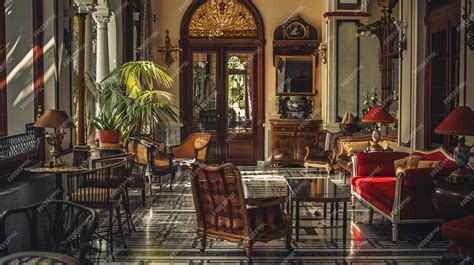 Elegant Hotel Lobby Featuring Classical Architecture And Antique