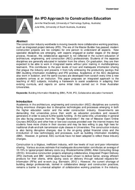 Pdf An Ipd Approach To Construction Education