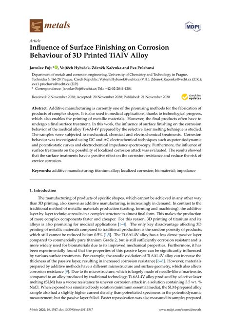 Pdf Influence Of Surface Finishing On Corrosion Behaviour Of 3d Printed Tialv Alloy