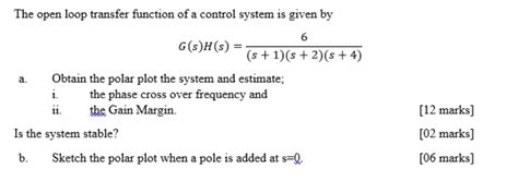 Solved The Open Loop Transfer Function Of A Control System