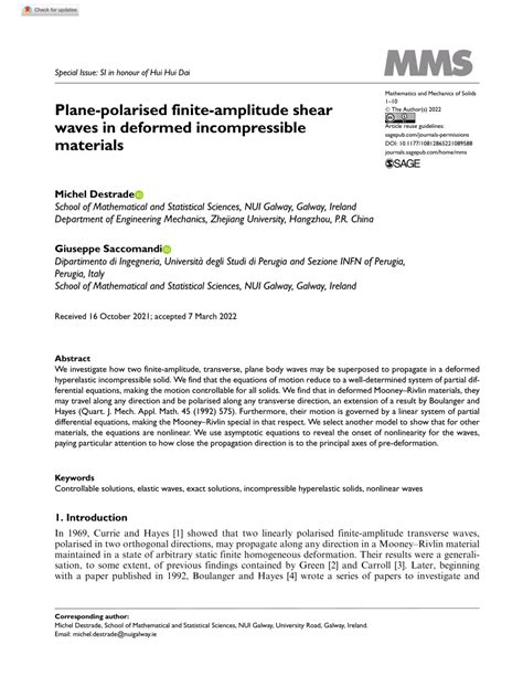 Pdf Plane Polarised Finite Amplitude Shear Waves In Deformed