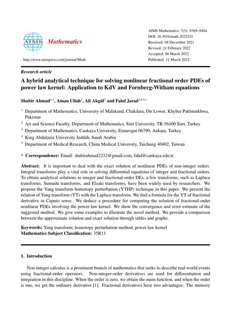 Pdf A Hybrid Analytical Technique For Solving Nonlinear Fractional Order Pdes Of Power Law