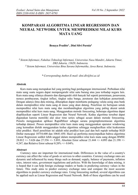 Pdf Komparasi Algoritma Linear Regression Dan Neural Network Untuk