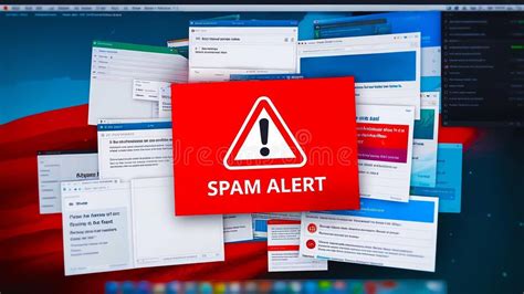 Red Spam Alert Warning On Computer Screen With Various Messages And Notifications Stock
