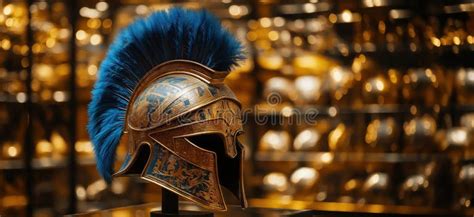 Ancient Greek Spartan Helmet With Blue Plume Displayed In Museum