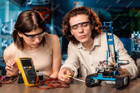 Free Photo Young Man And Woman In Protective Glasses Doing Experiments In Robotics In A Laboratory
