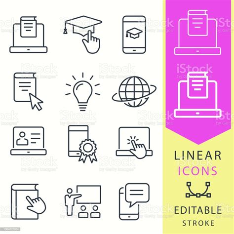 E러닝 거리 교육 아이콘입니다 졸업 캡 훈련 노트북의 설정 온라인 웹 세미나 기호를 학습 흰색 바탕에 얇은 선 고립 된 검은 벡터 일러스트 편집 가능한 선입니다 강사에 대한
