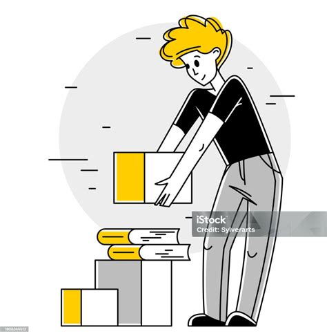 새 아파트로 이사하거나 새 사무실로 이동하는 비즈니스 사람은 물건 새로운 삶의 시작 벡터 개요 그림이 담긴 상자를 들고 포장을 풉니다 가공의 인물에 대한 스톡 벡터 아트 및