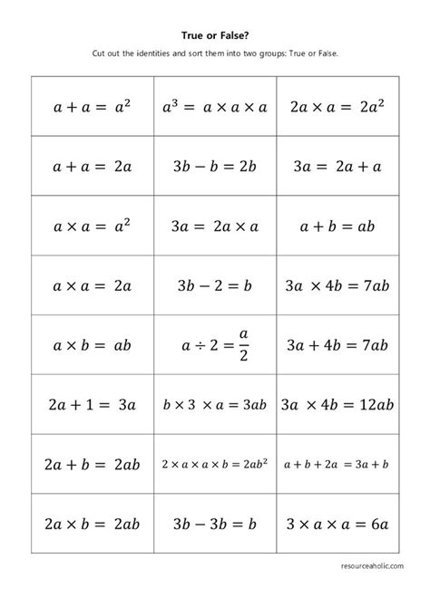 algebra true or false card sort