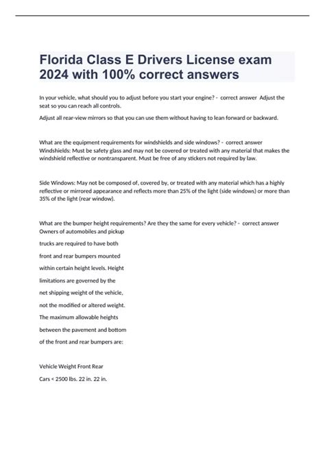 Florida Class E Drivers License Exam 2024 With 100 Correct Answers Florida Class E Drivers