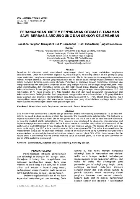 Pdf Perancangan Sistem Penyiraman Otomatis Tanaman Sawi Berbasis Arduino Uno Dan Sensor Kelembaban