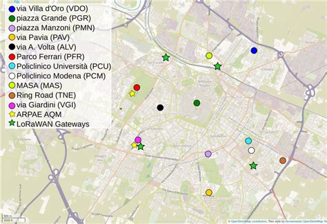 Map Of The Aq Sensors Reference Stations And Lorawan Networks In Modena Download Scientific