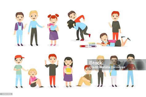 학교 왕따 플랫 벡터 그림 세트입니다 신체적 심리적 학대 교실 갈등 아이들과 싸우고 흰색 배경에 고립 된 동공 만화 캐릭터 컬렉션을 괴롭습니다 소녀에 대한 스톡 벡터 아트