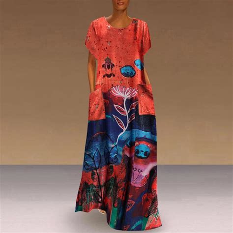 Купити Жіноча весна літо в національному стилі богемна довга сукня прямий круглий виріз