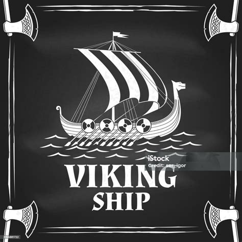 바이킹 배 배지 칠판에 스티커 벡터 일러스트 레이 션입니다 엠블럼 라벨 및 패치용 흑백 스타일의 바이킹 선박입니다 T 셔츠에