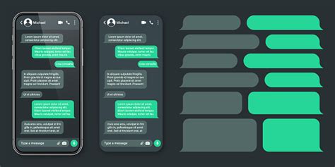 메시징 응용 프로그램과 현실적인 스마트 폰 Sms 텍스트 프레임 녹색 메시지 거품과 자리 표시자 텍스트가 있는 대화 채팅 화면입니다 다크 모드 소셜 미디어 응용 프로그램