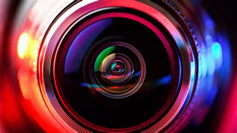Camera Lens With Red And Blue Backlight Macro Photography Lenses Horizontal Photography The