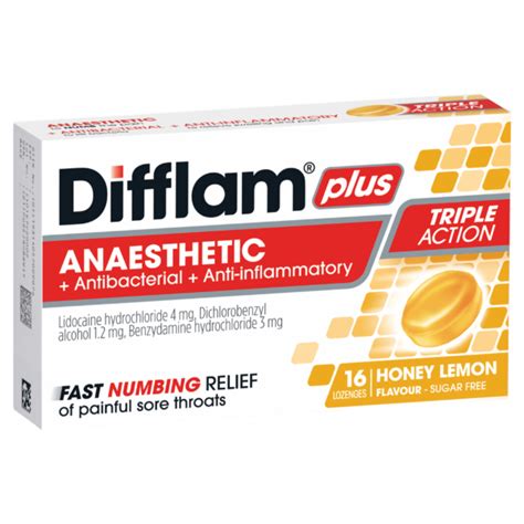 Difflam Plus Anaesthetic Antibacterial Anti Inflammatory Triple Action Honey Lemon Lozenges