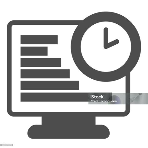 차트와 시계 솔리드 아이콘 원격 작업 개념이있는 모니터 화면 벡터 그래픽입니다 시장 작업 작업 일정 표시 흰색 배경에 기호 모바일 또는 웹 디자인용 글리프 스타일 아이콘 0