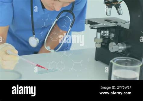 Examining Sample Under Microscope Scientist Viewing Chemical Structures Animation Laboratory