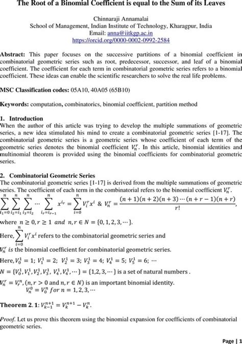 The Root Of A Binomial Coefficient Is Equal To The Sum Of Its Leaves