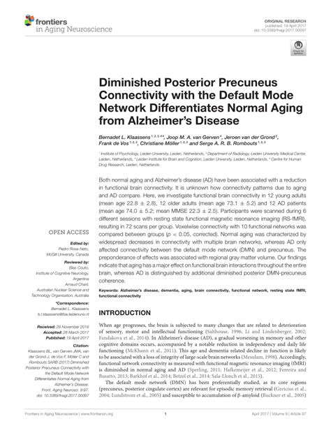 Pdf Diminished Posterior Precuneus Connectivity With The Default Mode