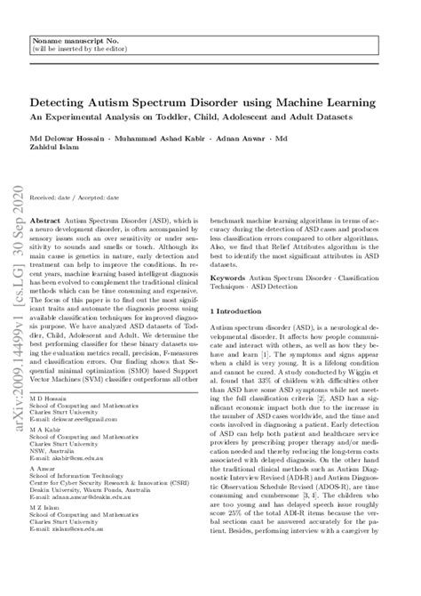 Pdf Detecting Autism Spectrum Disorder Using Machine Learning Techniques