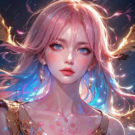 Premium Ai Image A Woman With Pink Hair And Blue Eyes Is Staring At The Camera With A Feather