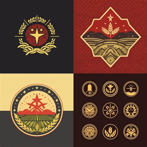 设计“农场”的logo（9个图像的矩阵），中国国徽、五个五角星、麦穗、农场、团结、中国、工人、农民，现代风格，极简主义，抗锯齿，8k 花瓣网