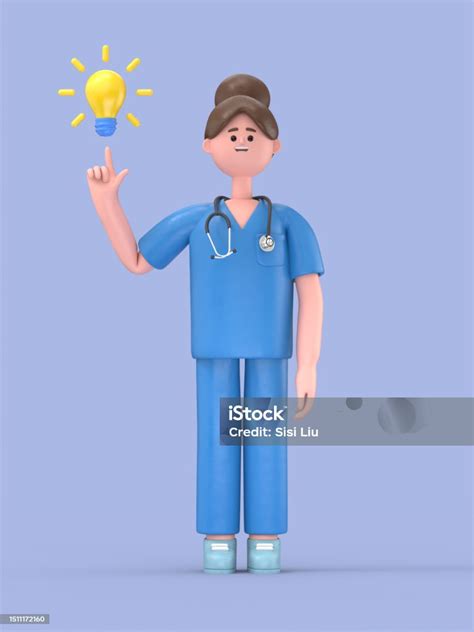 여성 의사 메리가 전구를 손가락으로 가리키며 새로운 아이디어를 만들어내는 3d 그림 전구를 가진 만화 캐릭터 투자자의 초상화 새로운 아이디어 개념을 생성합니다 파란색 배경에