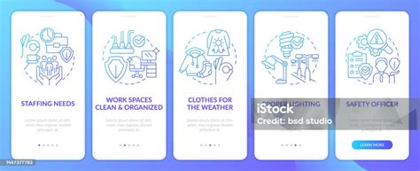 작업장 사고를 줄이기 위한 팁 파란색 그라데이션 온보딩 모바일 앱 화면 그래픽 사용자 인터페이스에 대한 스톡 벡터 아트 및 기타 이미지 그래픽 사용자 인터페이스 디자인