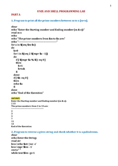 Unix And Shell Programming Lab Unix And Shell Programming Lab Part A Program To Print All The