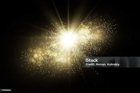 먼지 불꽃과 황금 별은 특별한 빛으로 빛난다 벡터는 투명한 배경에 반짝입니다 크리스마스 빛 효과입니다 반짝이는 마법의 먼지 입자 0명에 대한 스톡 벡터 아트 및 기타 이미지