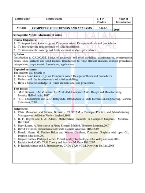 Me308 Computer Aided Design And Analysis Pdf Computer Aided Design Finite Element Method