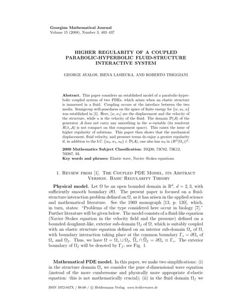 Pdf Higher Regularity Of A Coupled Parabolic Hyperbolic Fluid Structure Interactive System