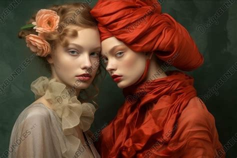 Two Models In Elaborate Headwear And Vintage Attire Against
