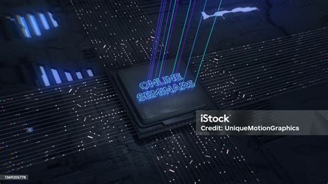 온라인 세미나 디지털 미래 텍스트 첨단 기술 개념 시각화 회로 기판 Cpu 프로세서 마이크로칩 은 신경 네트워킹 및 클라우드 컴퓨팅 데이터의 인공 지능 디지털화를 시작합니다
