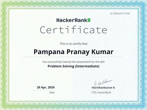 Pranay Kumar Pampana On Linkedin Hackerrank Problemsolving Certification Computerscience