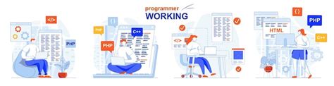 Premium Vector Programmer Working Concept Set Software Development