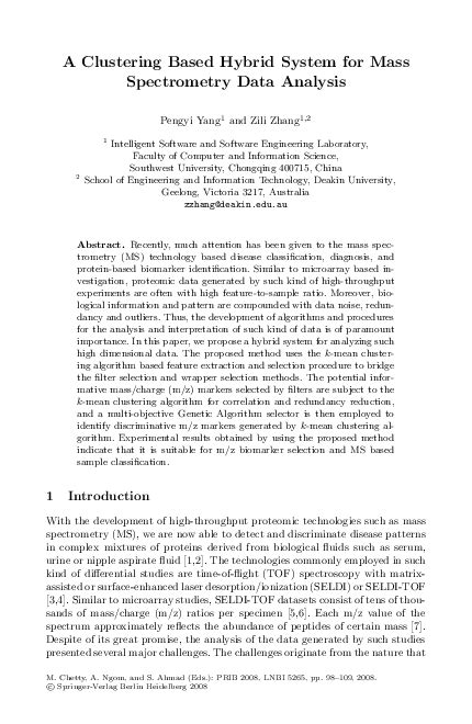 pdf a clustering based hybrid system for mass spectrometry data analysis