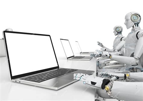 premium photo 3d rendering robot working on empty screen notebook computer