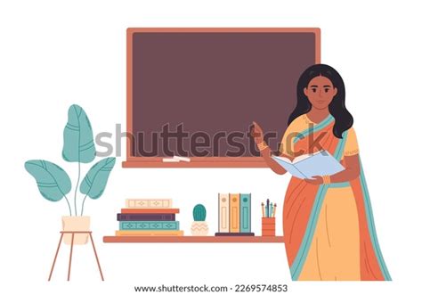 Indian Female Teacher Classroom Near Blackboard Stock Vector Royalty Free