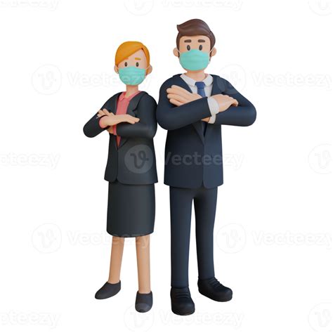 Business Man And Woman Standing Side By Side Character Wearing Mask 3d Character Illustration