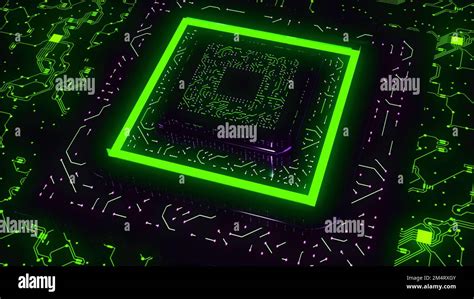Animation With Large 3D Computer Chip Motion Neon Computer Chip With