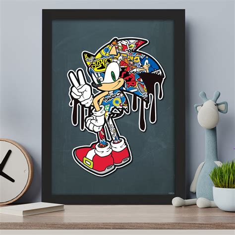 Sonic The Hedgehog Print Sonic Peace Post Dripping Graffiti Poster W
