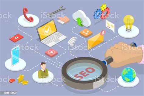 3d 아이소메트릭 플랫 벡터 Seo 최적화의 개념적 일러스트 레이 션 검색 엔진에 대한 스톡 벡터 아트 및 기타 이미지 검색