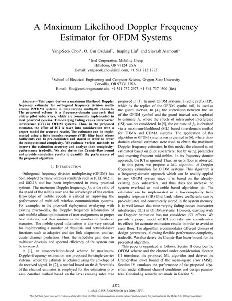 Pdf A Maximum Likelihood Doppler Frequency Estimator For Ofdm Systems