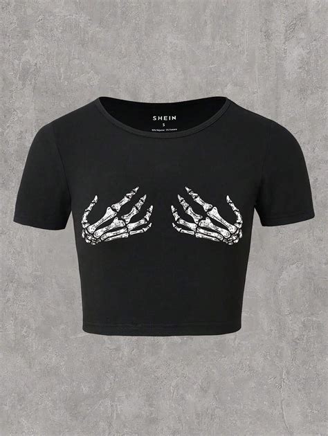 Inawly Skeleton Hand Print Crop Tee Shein Usa