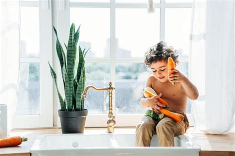 부엌에서 싱크대에 앉아있는 작은 잘 생긴 곱슬 곱슬 한 백인 소년은 야채를 씻기 위해 들고 있습니다 건강한 음식과 어린이 성장 개념 화창한 아침 요리에서 행복한 스페인 아이