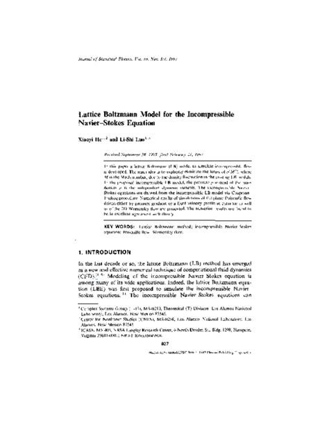 Pdf Lattice Boltzmann Model For The Incompressible Navier Stokes Equation